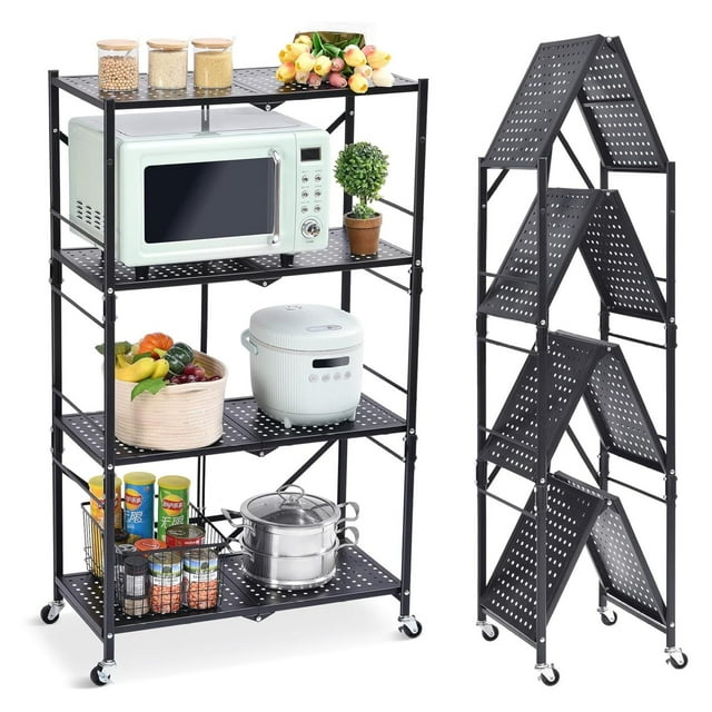 Omsix Foldable 4-Tier Storage Shelving Unit with Lockable Wheels, Space ...