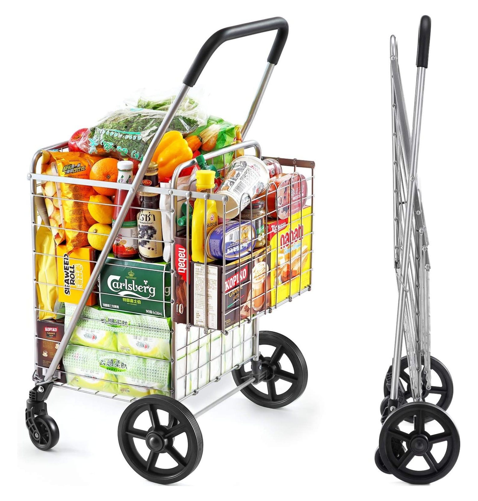 Omsix Shopping Cart with Wheels, Metal Grocery Cart with Wheels ...