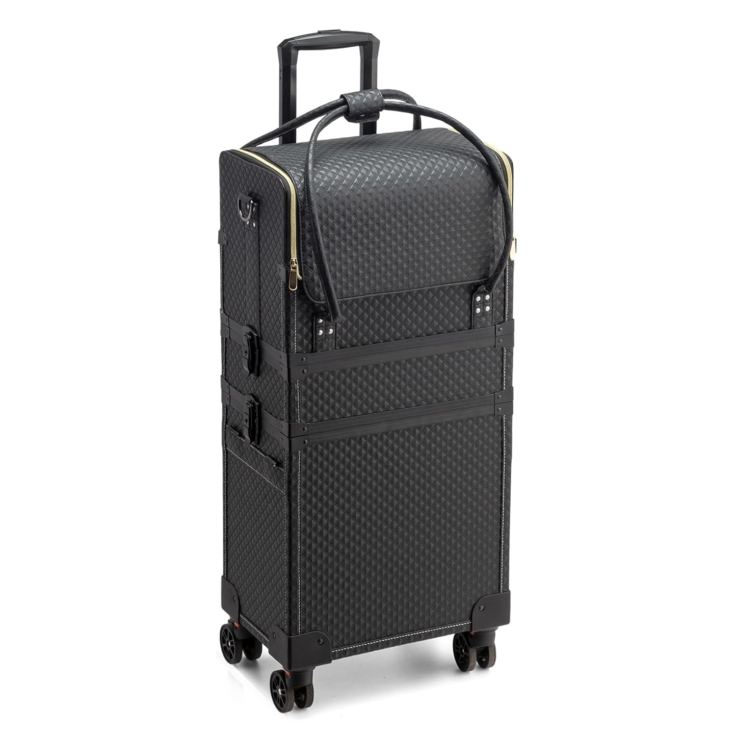 OmySalon Leather Rolling Makeup Train Case, Lockable Cosmetic Trolley ...