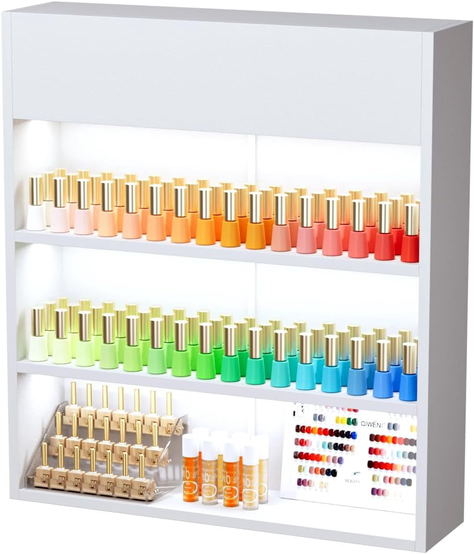 OmySalon Wall Mounted Display Rack, 32-Inch 3-Tier LED Nail Polish ...