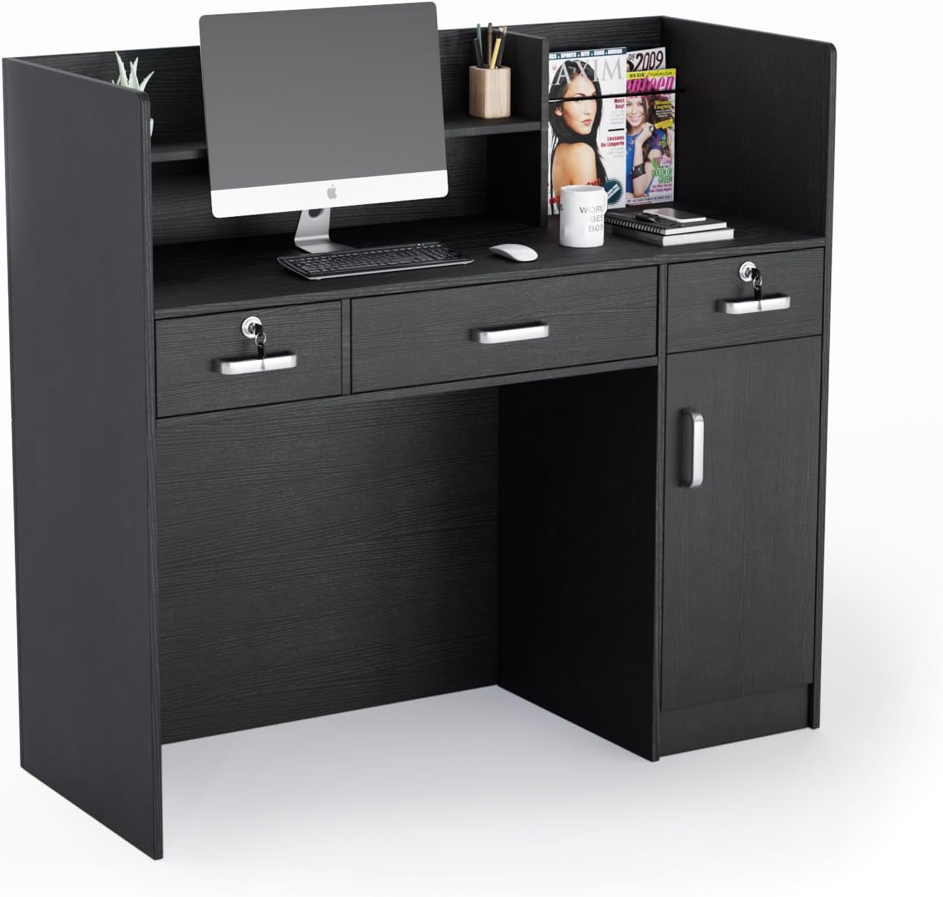 Omysalon Modern Reception Desk with Lockable Drawers, Storage Cabinet ...