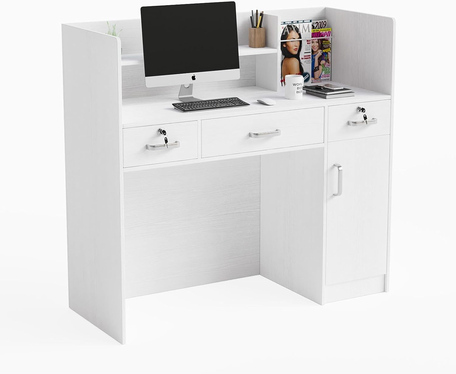 Omysalon Modern Reception Desk with Lockable Drawers, Storage Cabinet ...