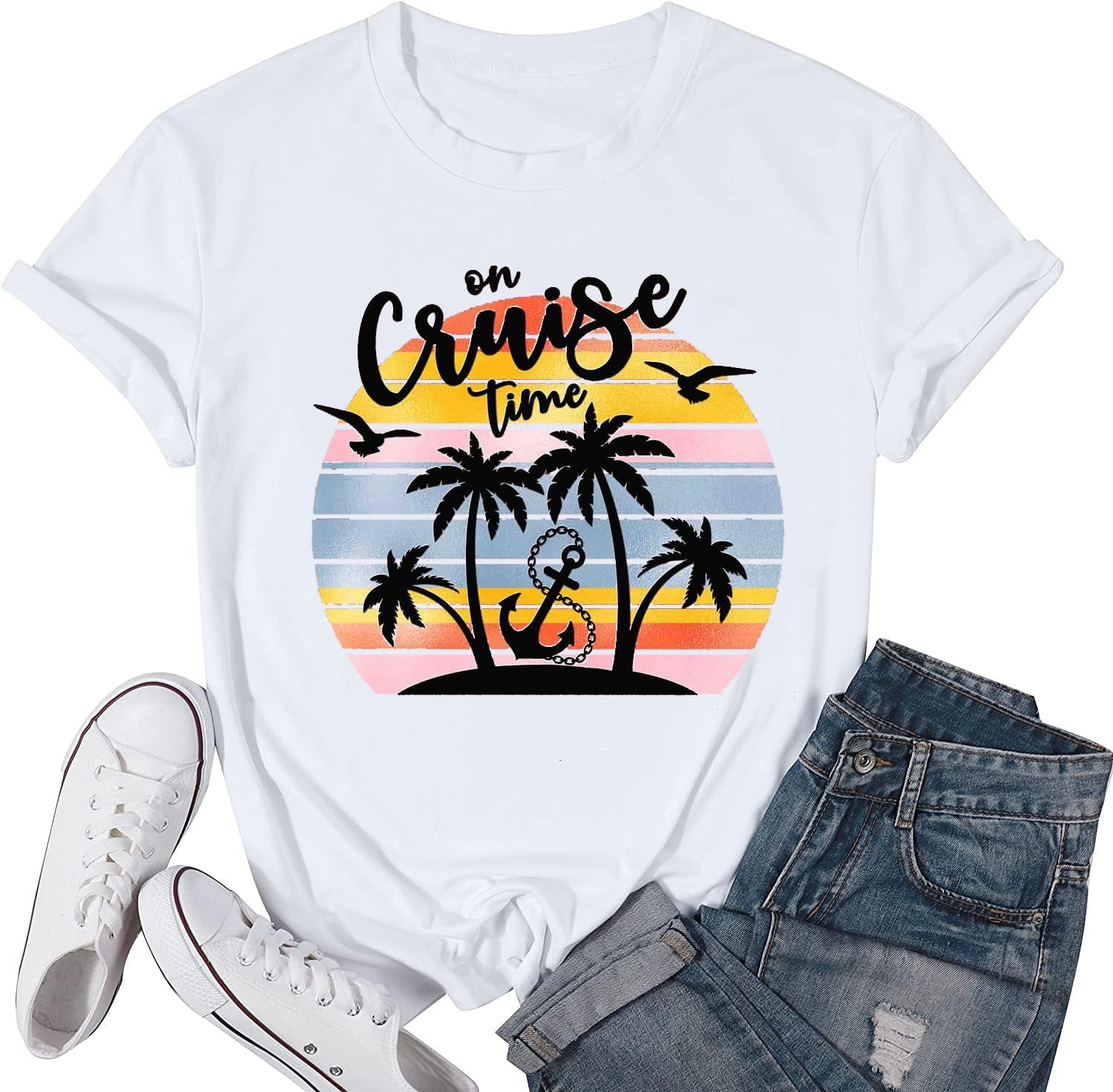 On Cruise Time T-Shirt Women Coconut Tree Graphic Tees Summer Vacation Shirt Beach Praty Tops ...
