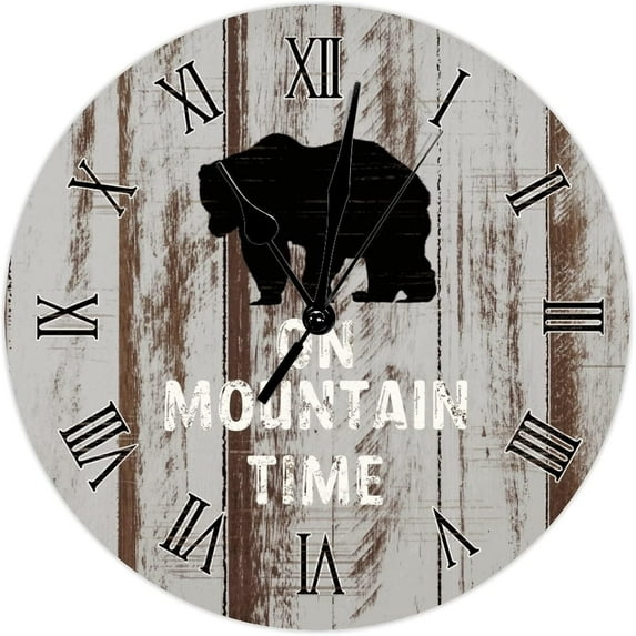 On Mountain Time Wall Clock Silent Non-Ticking Round Wooden Roman ...