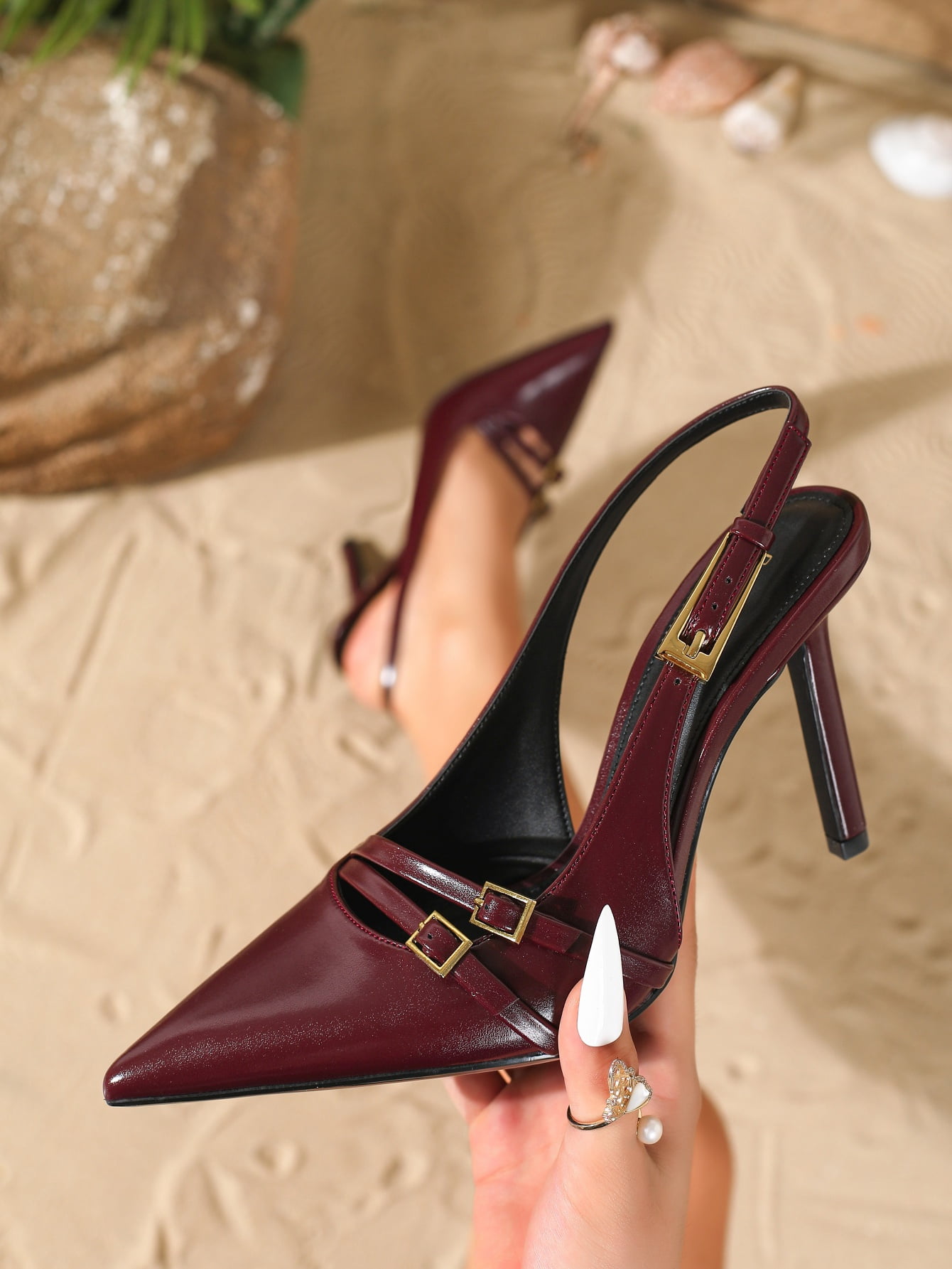 On feet& in love Women's Pointed Toe Multi Metal Buckle Slingback ...