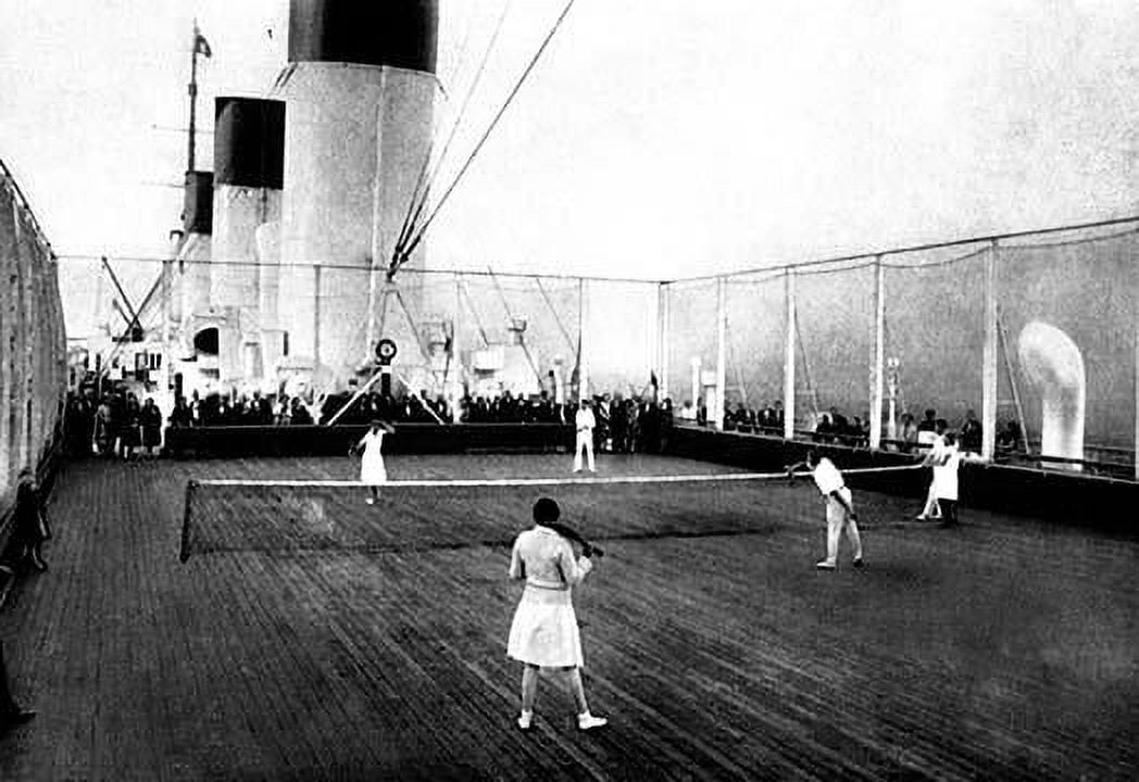 On the deck of a luxury liner a group of cruise ship passengers play ...