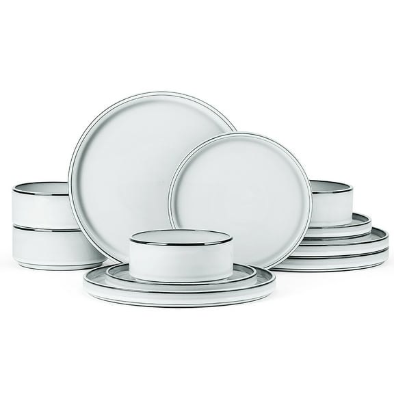 12 Pieces Porcelain Dinnerware Set, Modern White Dish Set for 4 ...
