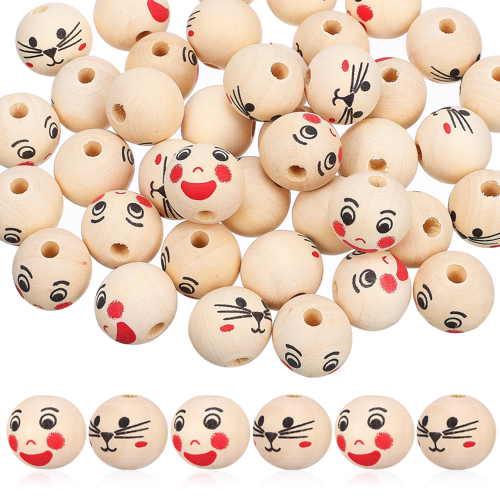 Onaparter 40pcs Smile Face Beads Loose Wooden Beads Large Holes Craft ...