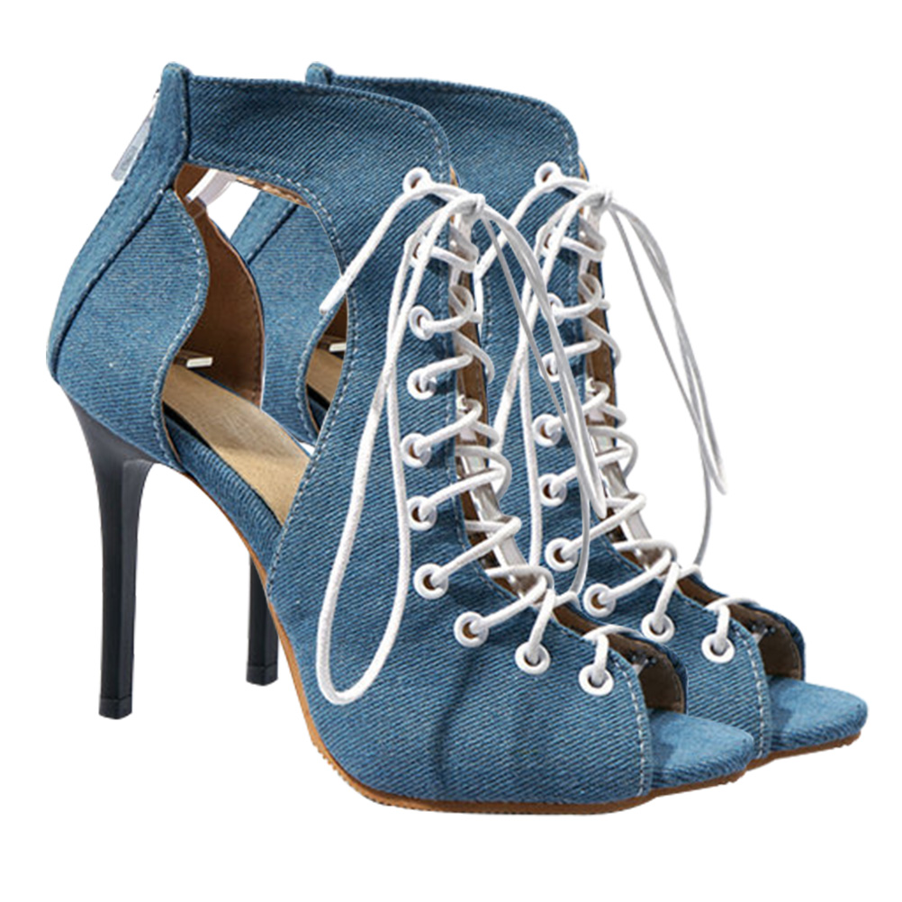 Onaparter High Heel Sandals Female Heeled Denim Fabric High-heeled ...