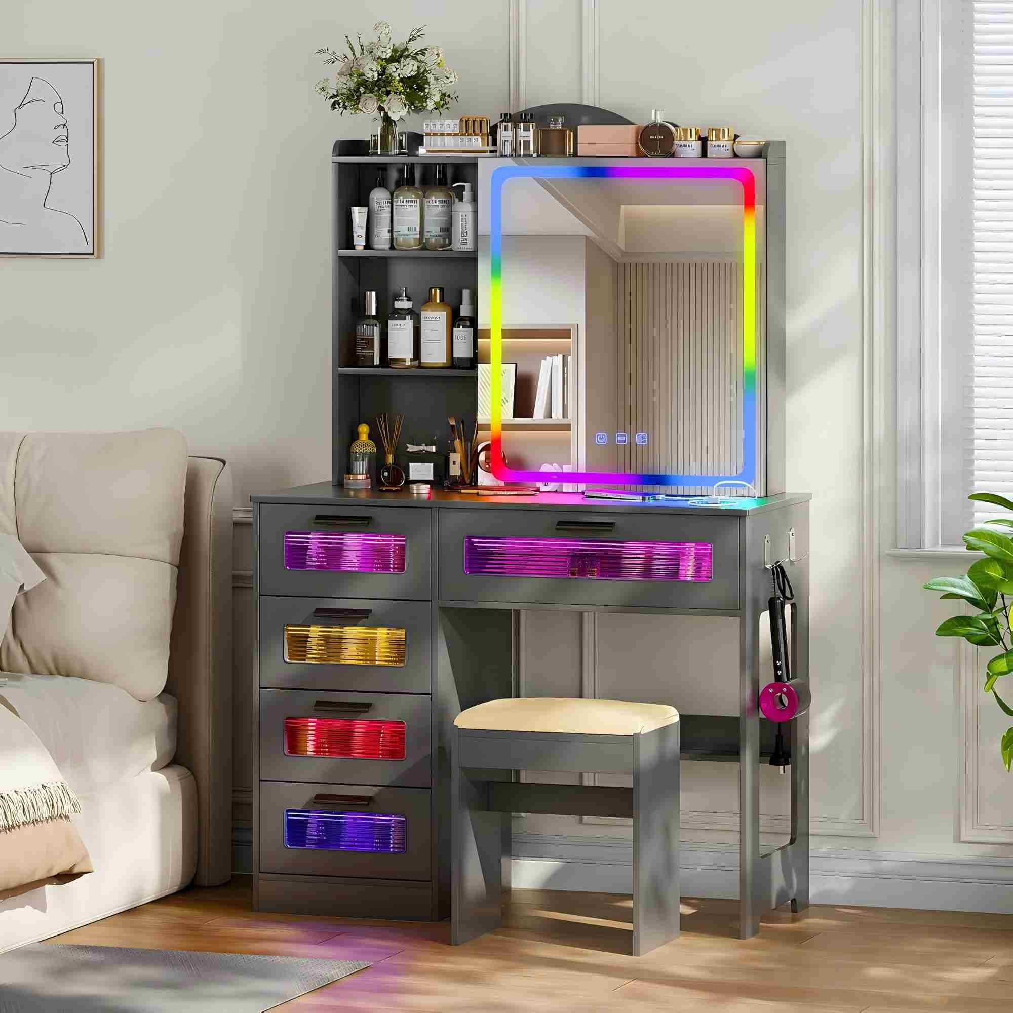 Onbeam Vanity Table Set with Sliding Mirror and LED Lights, Dressing ...