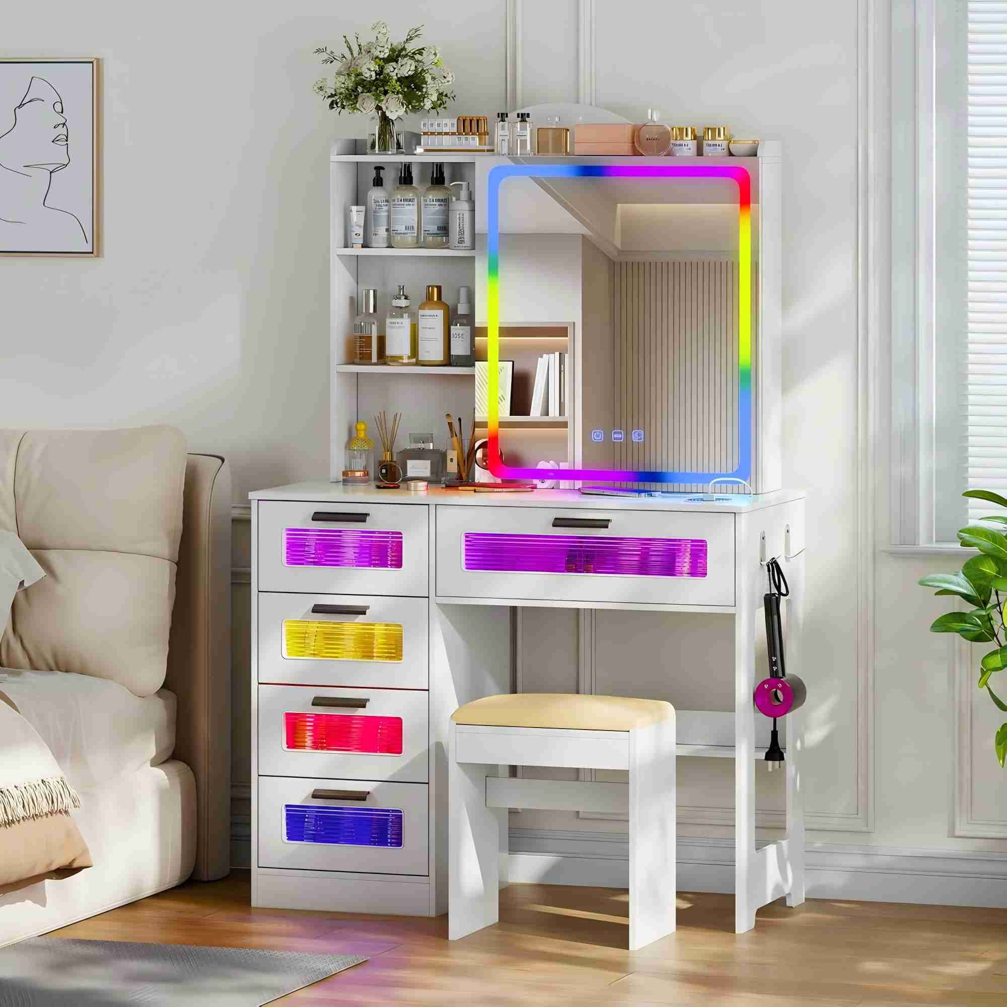 Onbeam Vanity Table Set with Sliding Mirror and LED Lights, Dressing ...