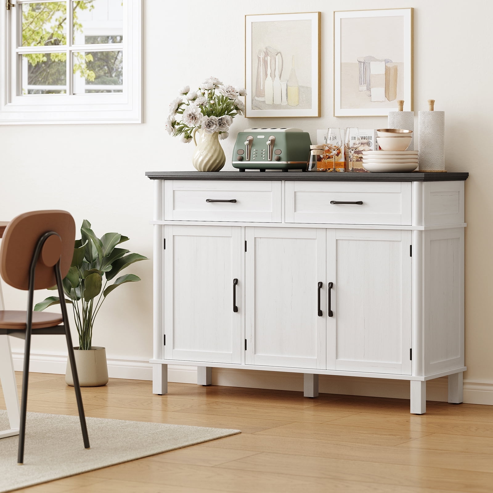 Onbrill, 48 Inches Buffet Cabinet, Farmhouse Sideboard, White & Black ...