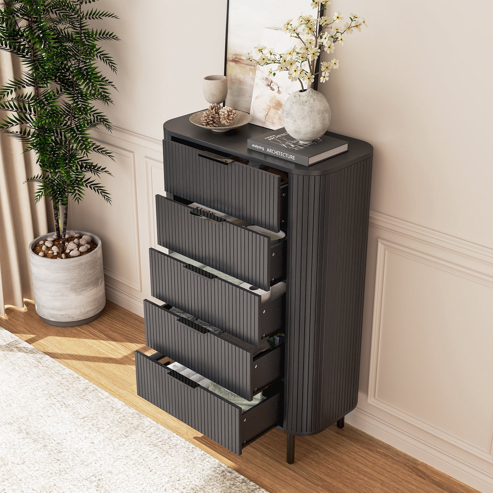Onbrill Fluted Dresser for Bedroom, Tall Dresser with 5 Drawers, Chest ...