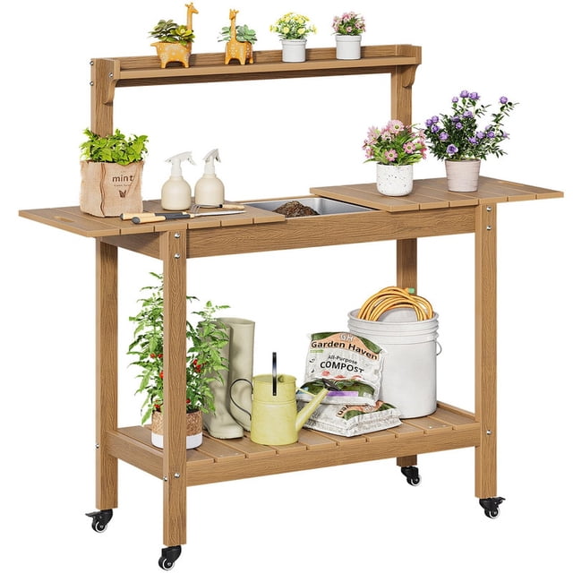 Onbrill Outdoor Potting Bench with Sliding Tabletop, Wood Outside ...