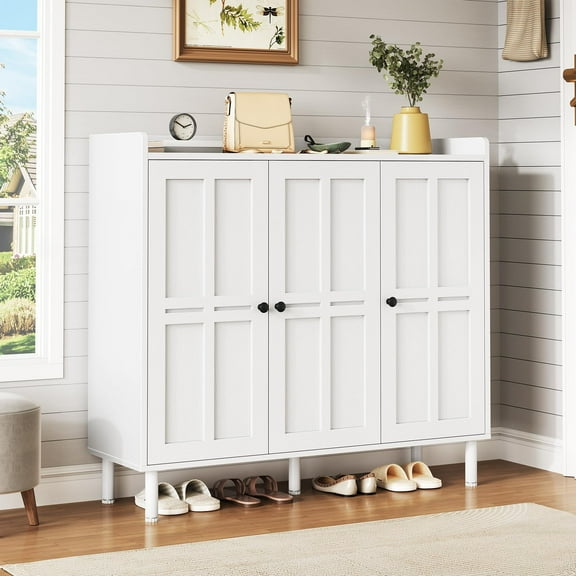 Farmhouse Shoe Cabinet with 2 Barn Doors & Wood Legs, 5-Tier Shoe ...