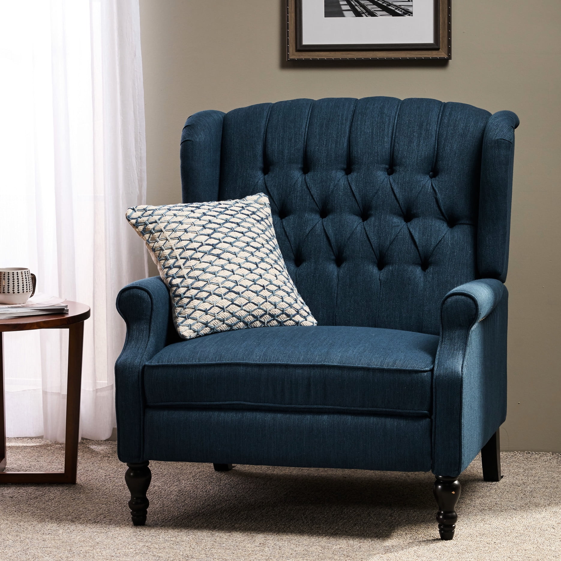 One And Half Seater Recliner In Navy Blue Fabric With Wingback ...