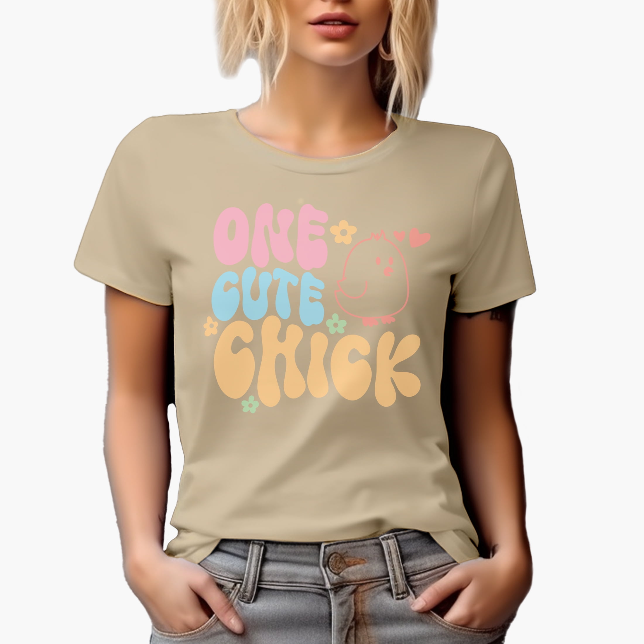 One Cute Chick, Groovy Text & Chicken Art Merch Gift, Tan T-Shirt, XL ...