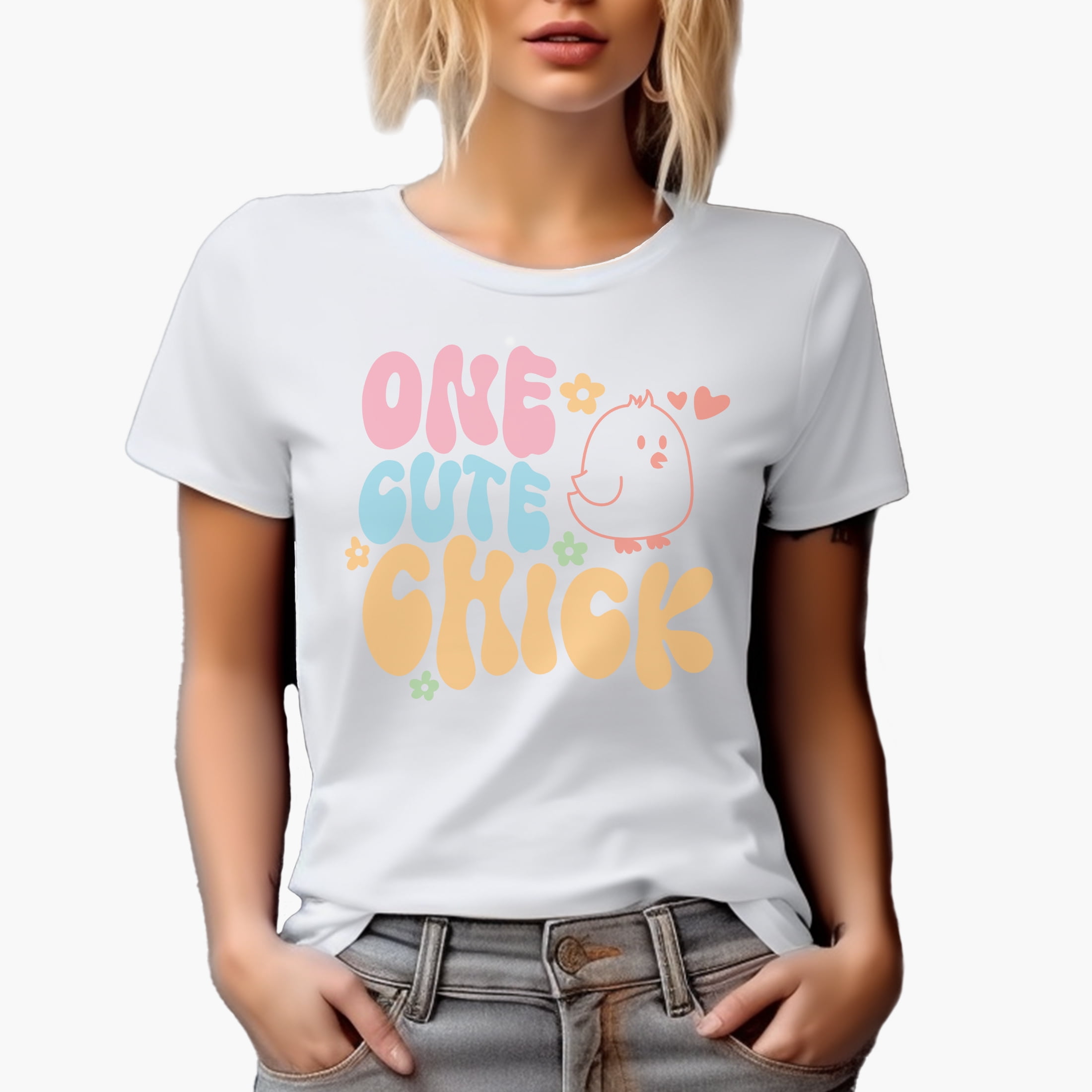 One Cute Chick, Groovy Text & Chicken Art Merch Gift, White T-Shirt ...