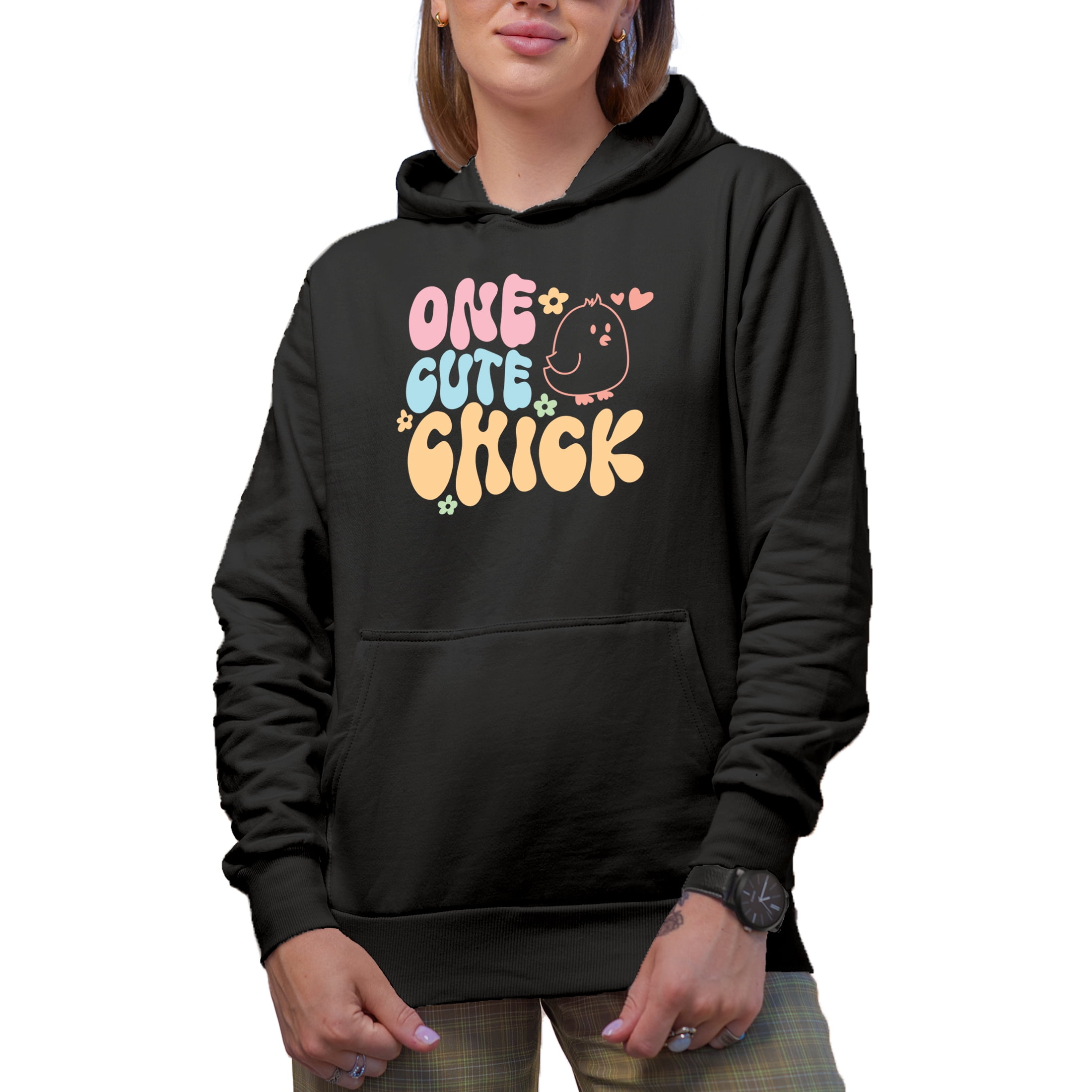 One Cute Chick, Groovy Text & Cute Chicken Art Merch Gift, Black Hooded ...