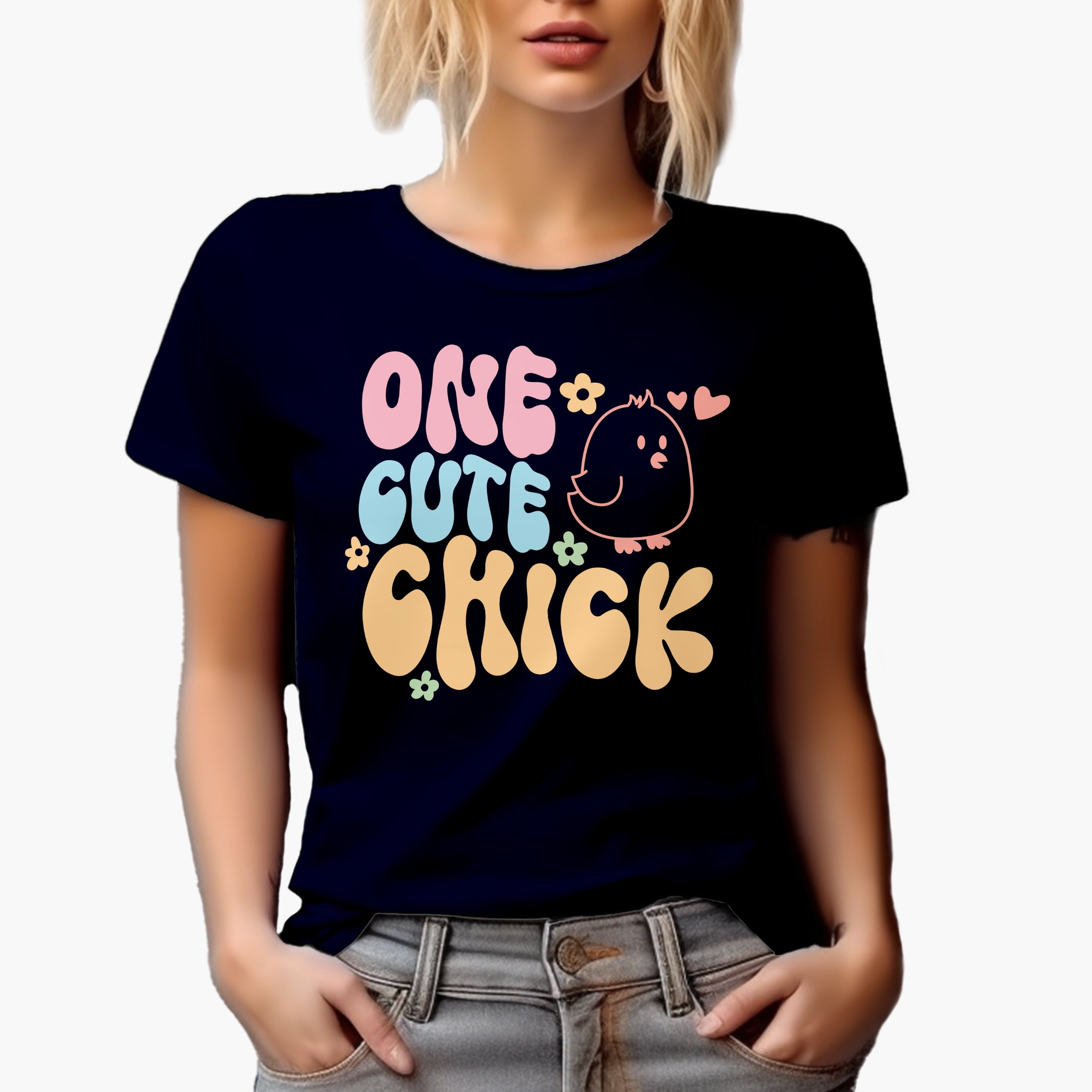 One Cute Chick, Groovy Text & Cute Chicken Art Merch Gift, Navy Blue T ...