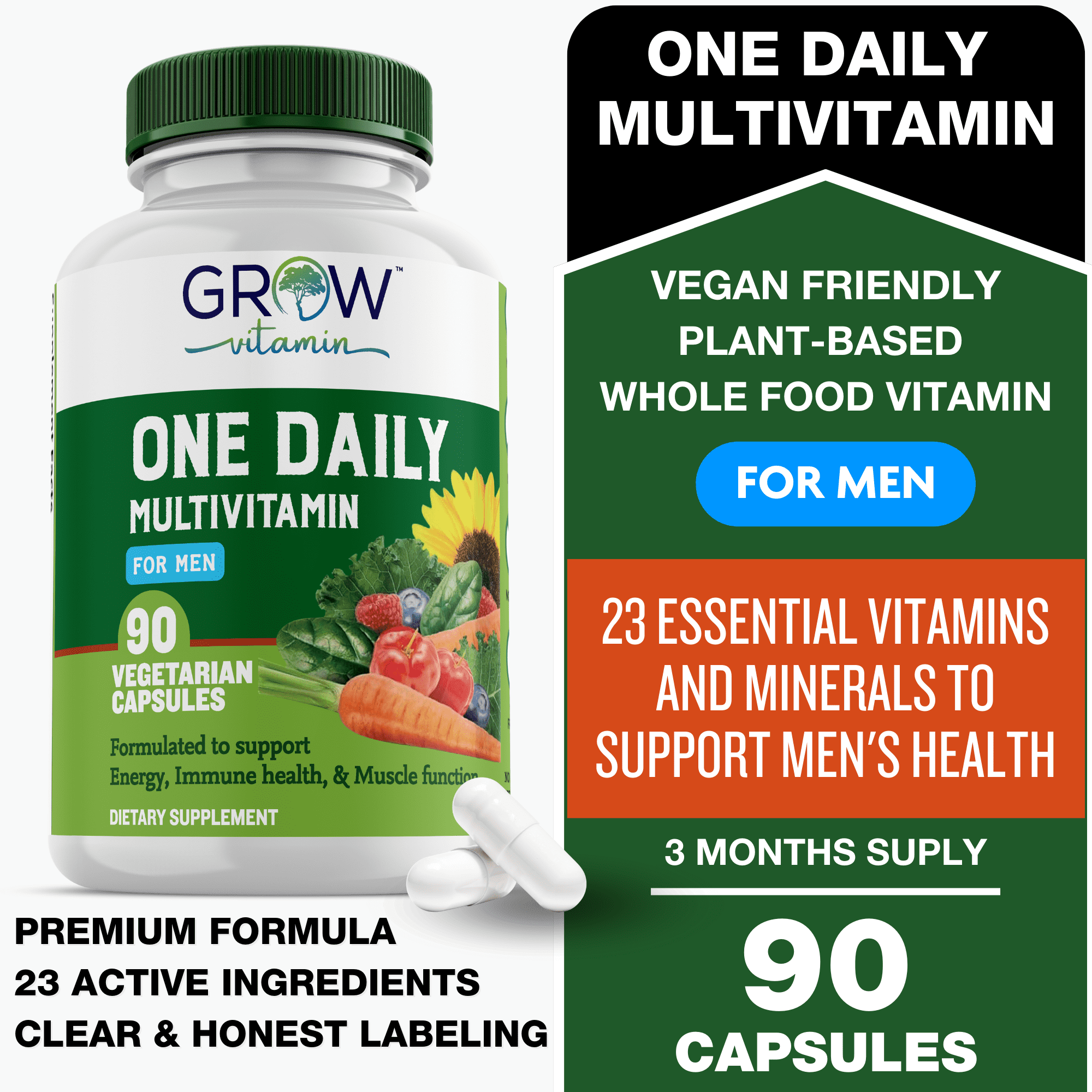 Grow Vitamin One Daily Multivitamin for Men with Organic Whole Foods ...