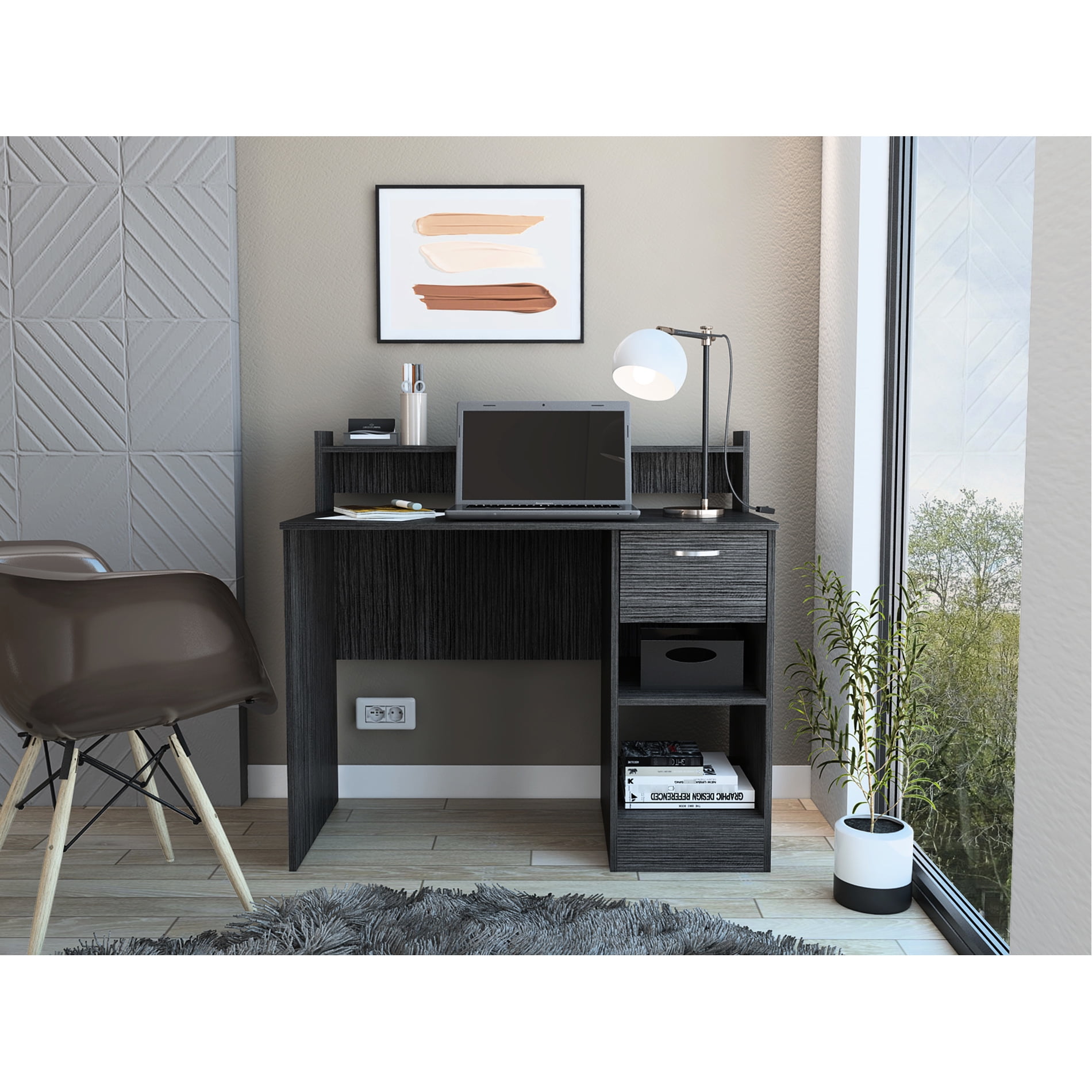 One Drawer Desk - Grey Modern Office With Multiple Shelves Rectangular ...