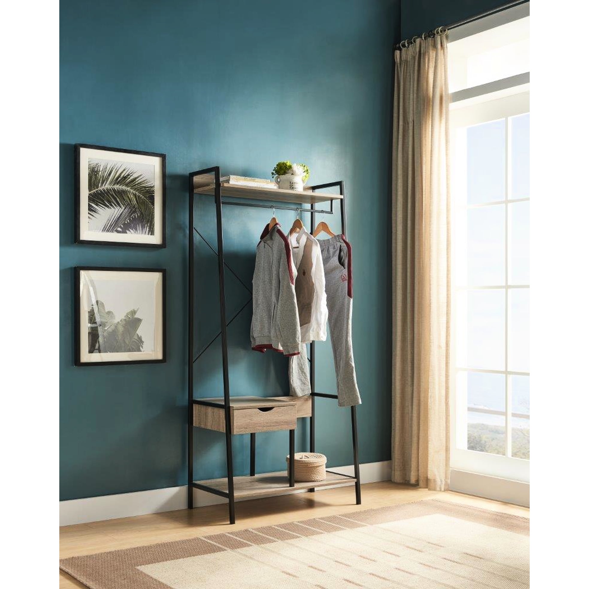 One Drawer Metal Open Wardrobe Clothes Rack With Hanging Rod - Black ...