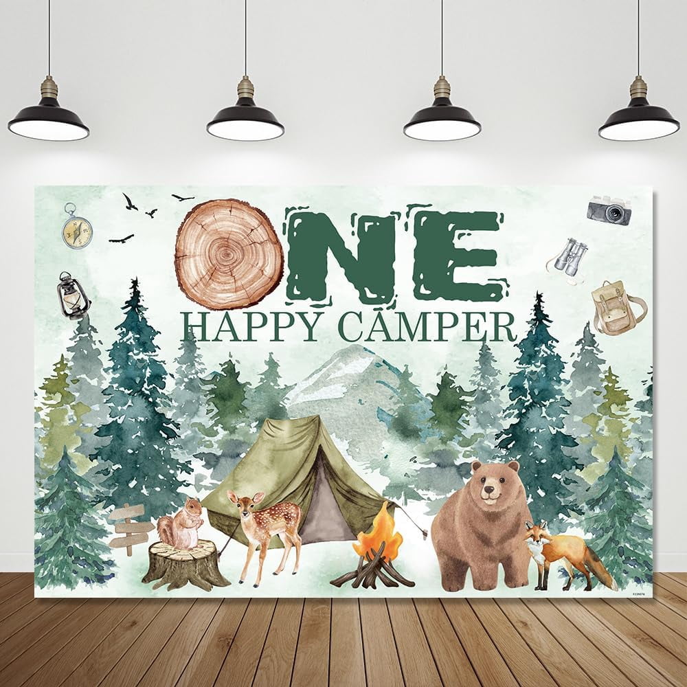 One Happy Camper Backdrop 1st Birthday Party Forest Camping One ...