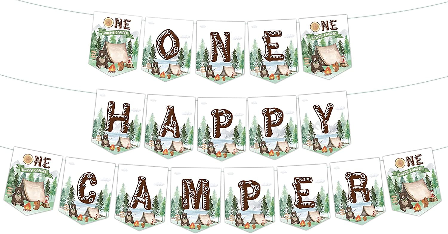 One Happy Camper Banner for Boys Girls 1st Forest Safari Camping Theme ...