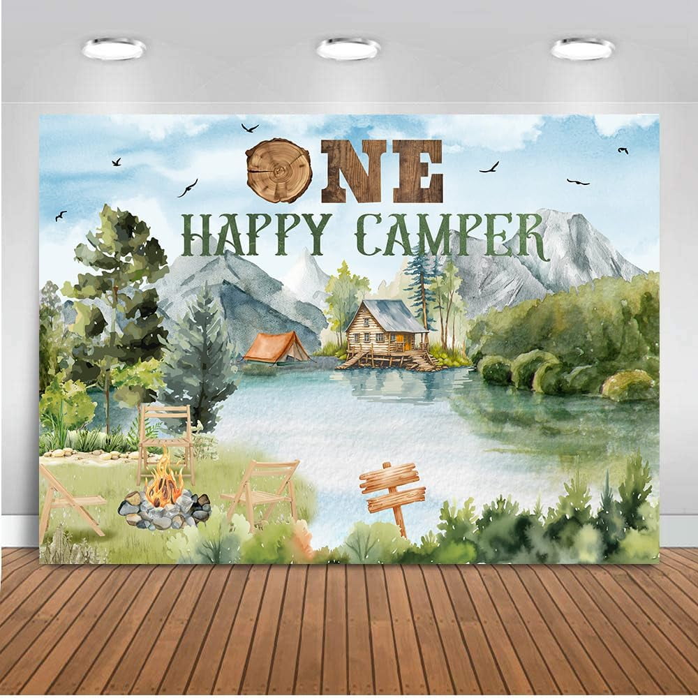 One Happy Camper Birthday Backdrop Boys' 1st Birthday Party Camping ...