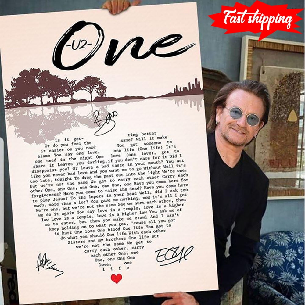 One Lyrics With Heart Typography, Guitar Lake Shadow And U2 Signatures ...