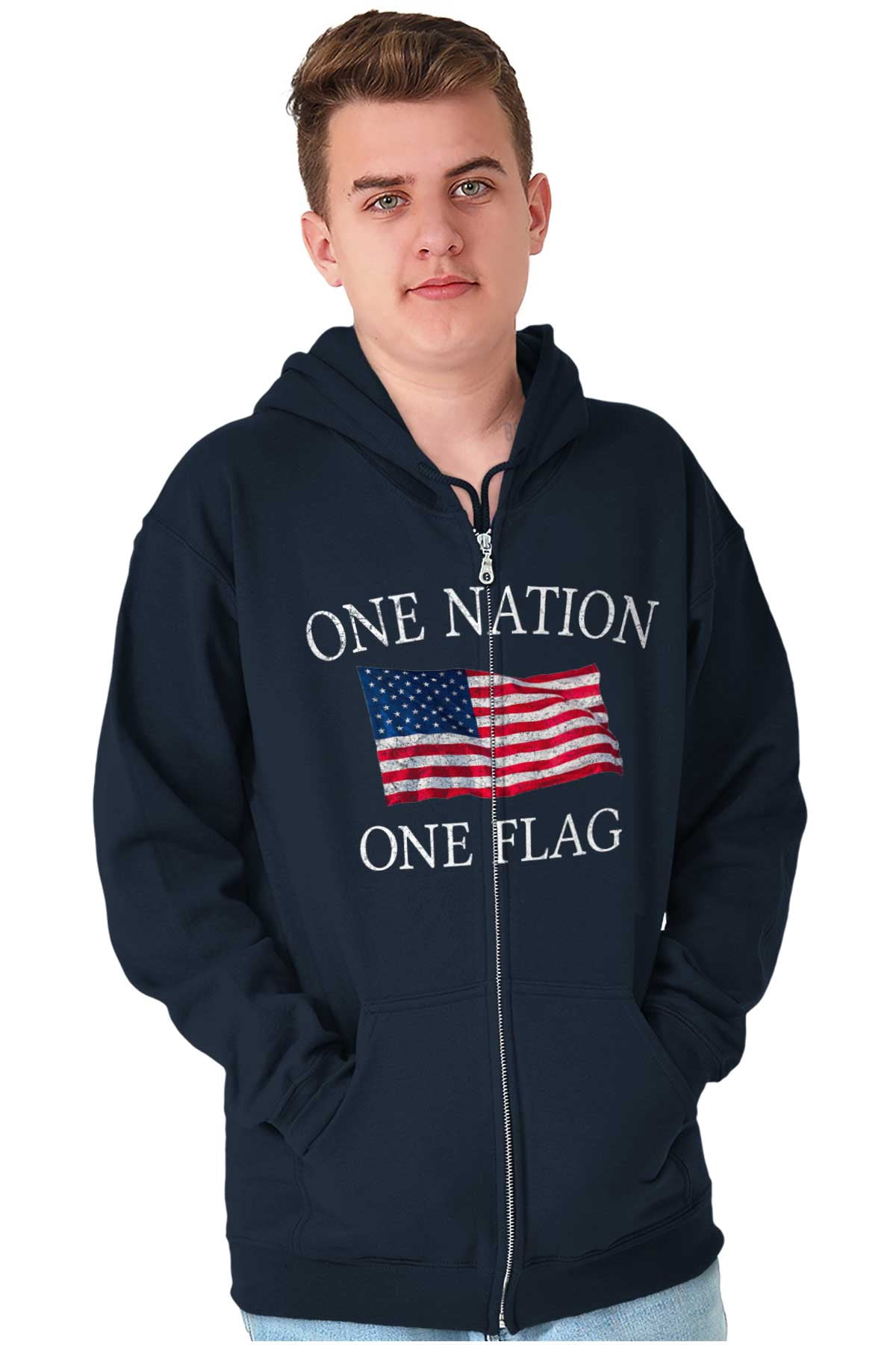 One Nation Distressed Flag USA Pride Unisex Plus Size Zip Hoodie Brisco ...