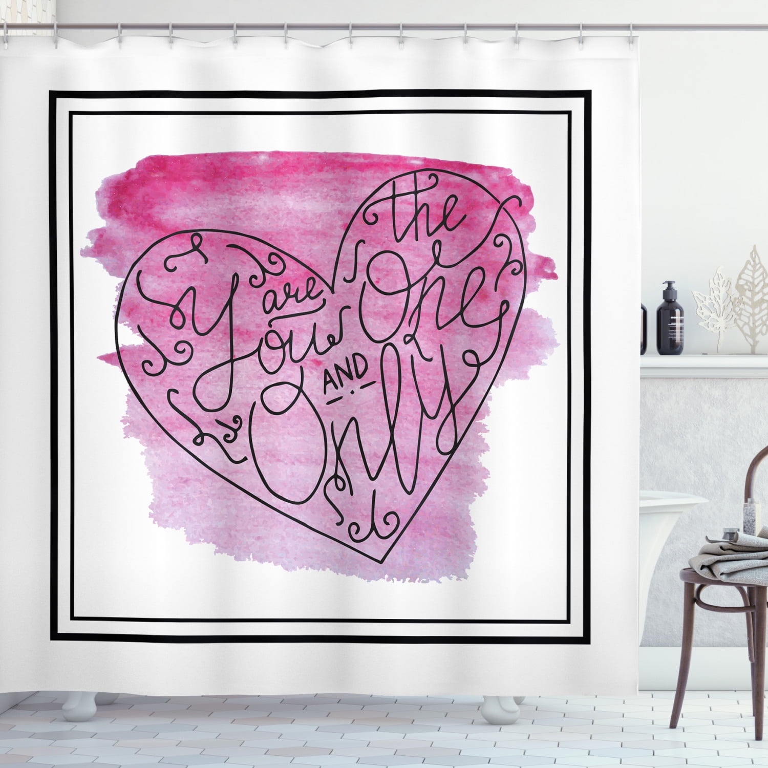 One and Only Saying Shower Curtain, Watercolor Pink Doodle Romantic ...