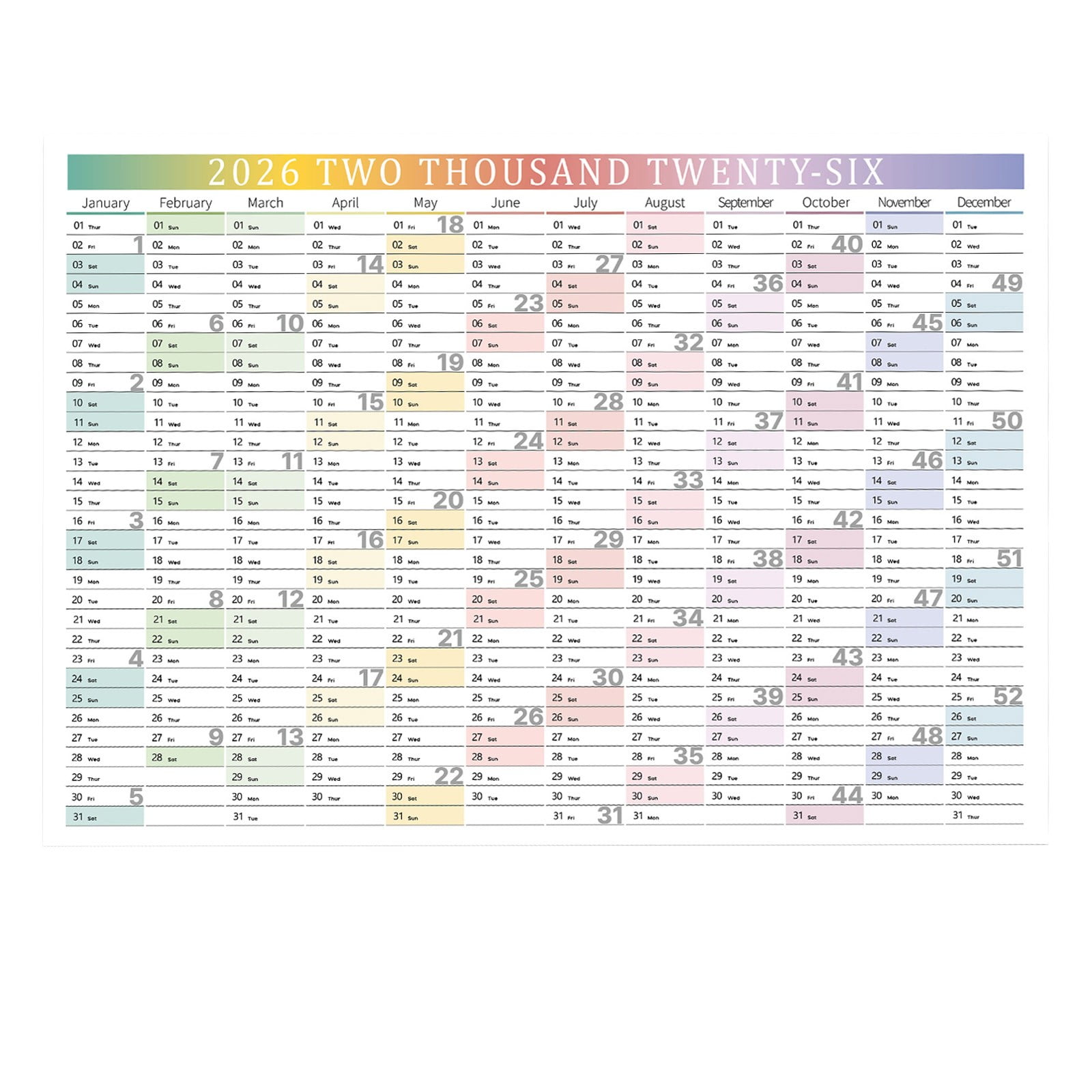 One Page 12 Months Calendar Full Year Wall Calendar 2026 2026 ...