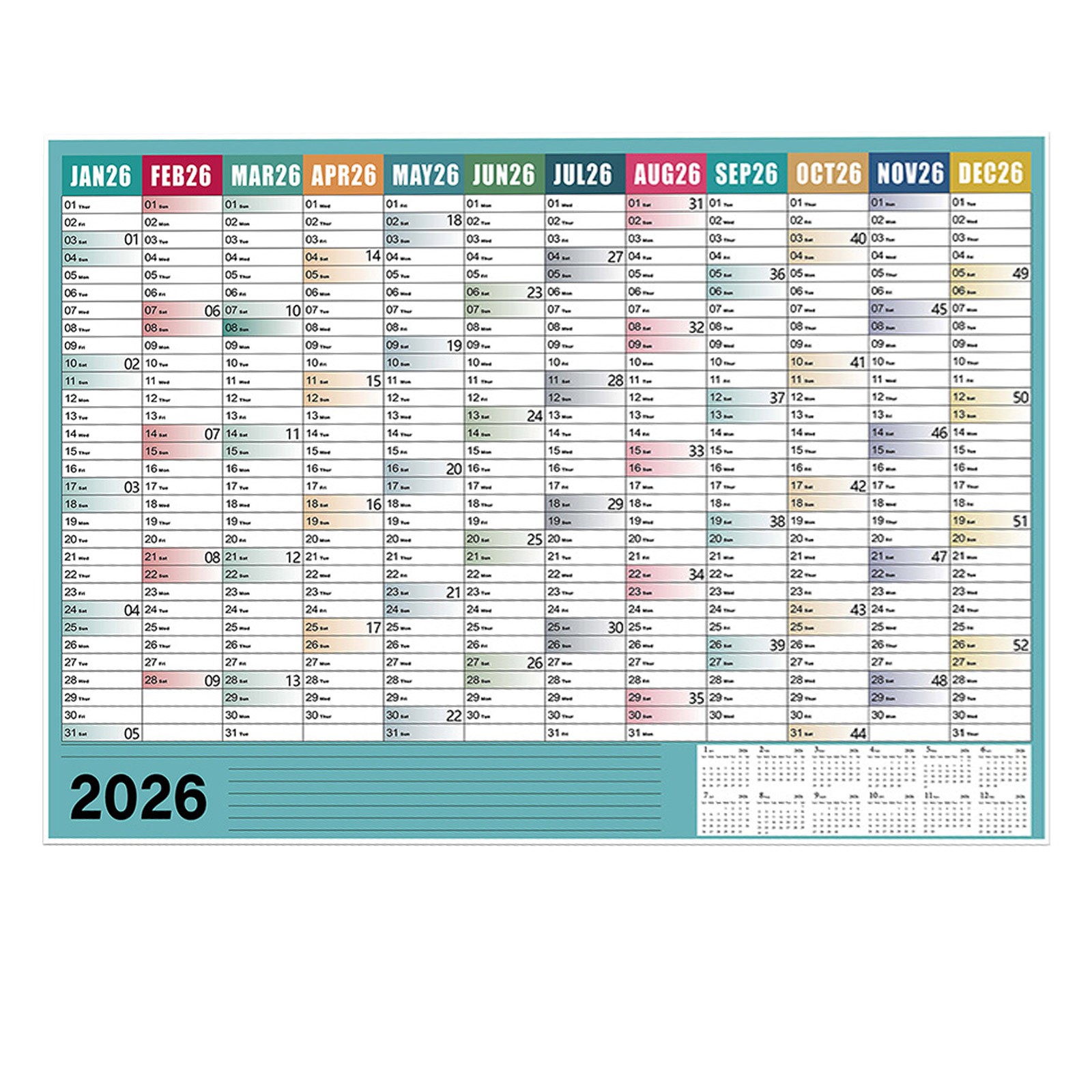 One Page Whole Year Calendar Full Year Wall Calendar 2026 Annual ...