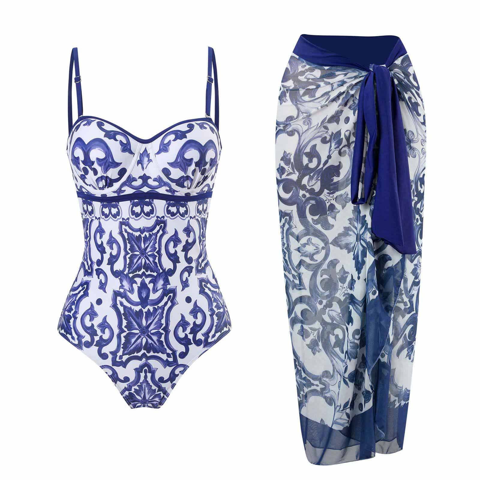 One Piece Bathing Suit for Women with Beach Cover Up Wrap Skirt ...