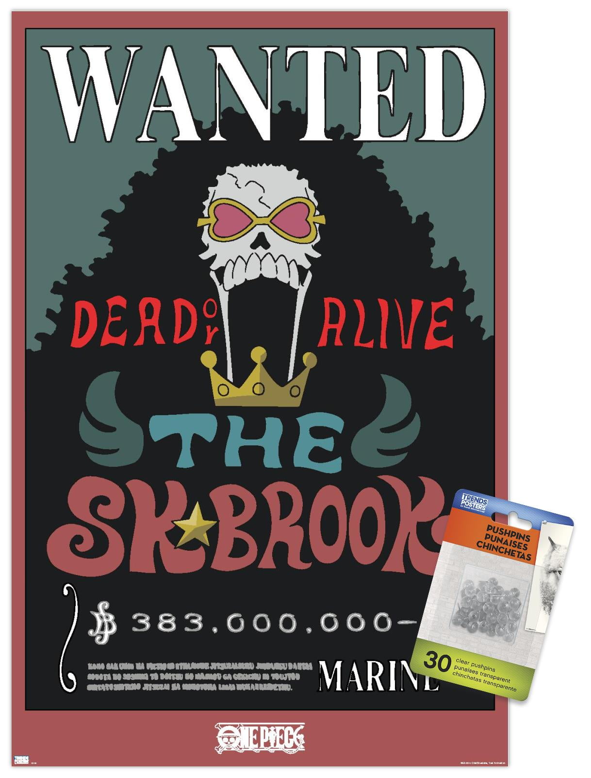 One Piece - Brook Wanted Poster Wall Poster with Push Pins, 14.725" x ...