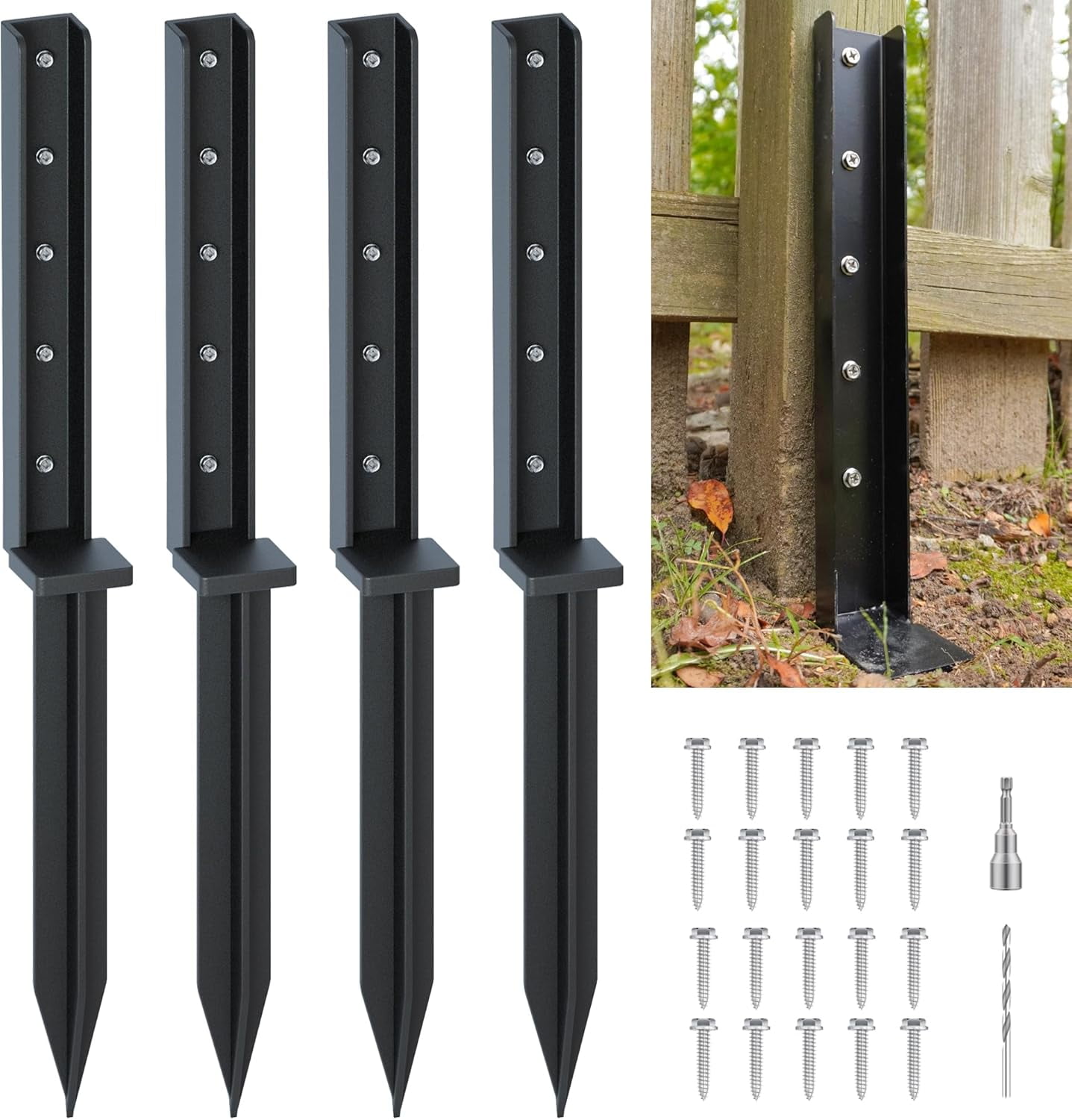 One-Piece Fence Post Repair Kit 4-Pack, Heavy Duty 32in Metal Sturdy ...