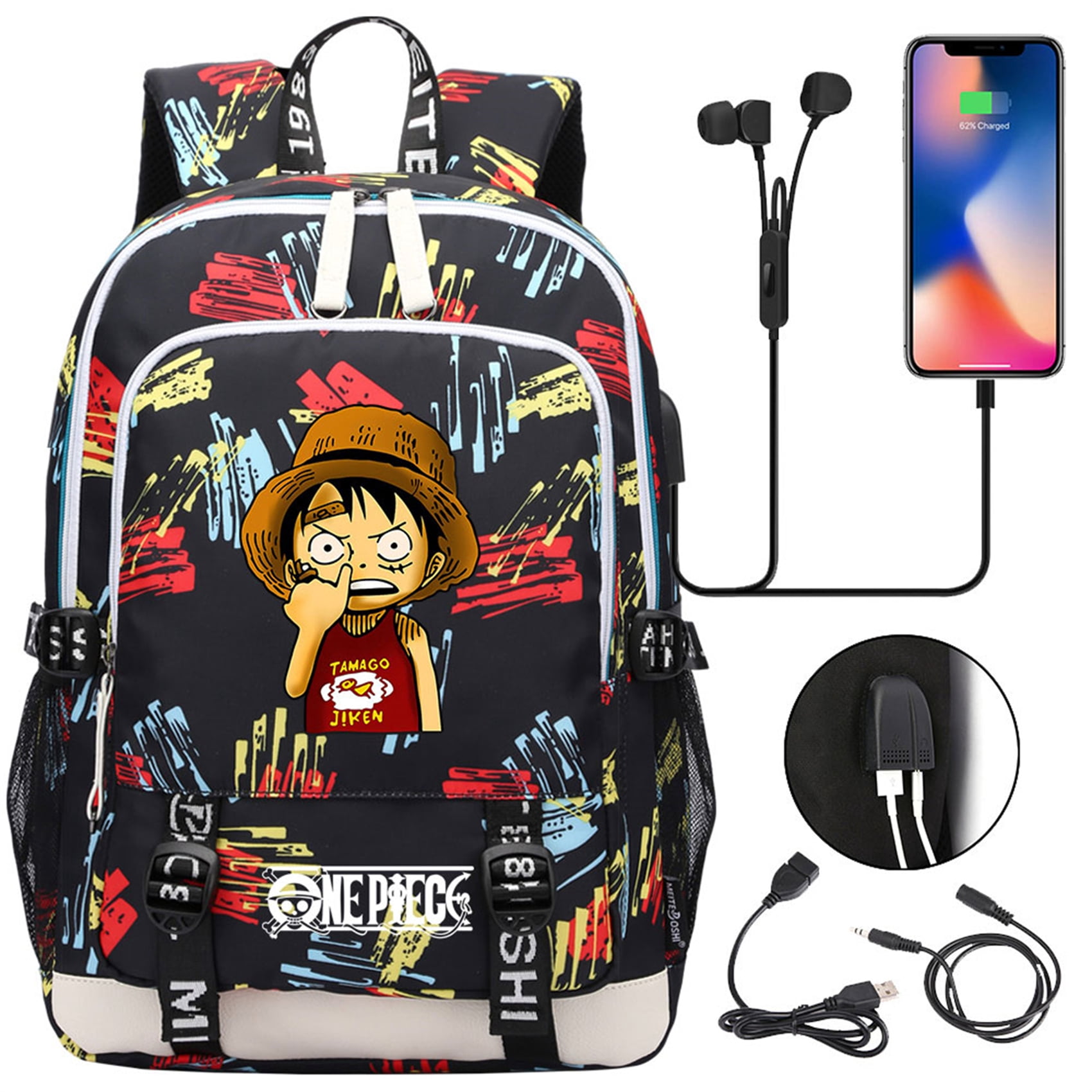 One Piece Graphic Backpack with USB Charging Port-Student Back to ...