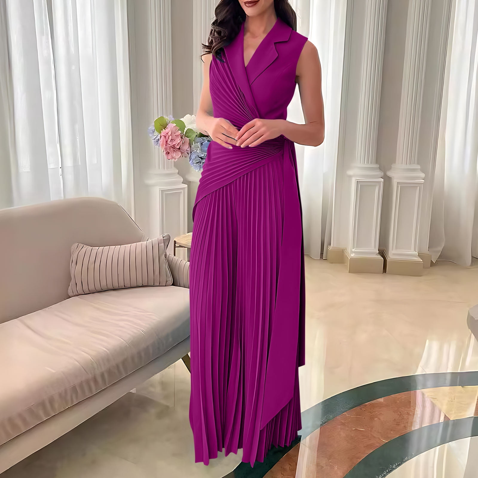 One Piece Jumpsuits For Women Lapel Crossover V Neck Sleeveless Wide ...