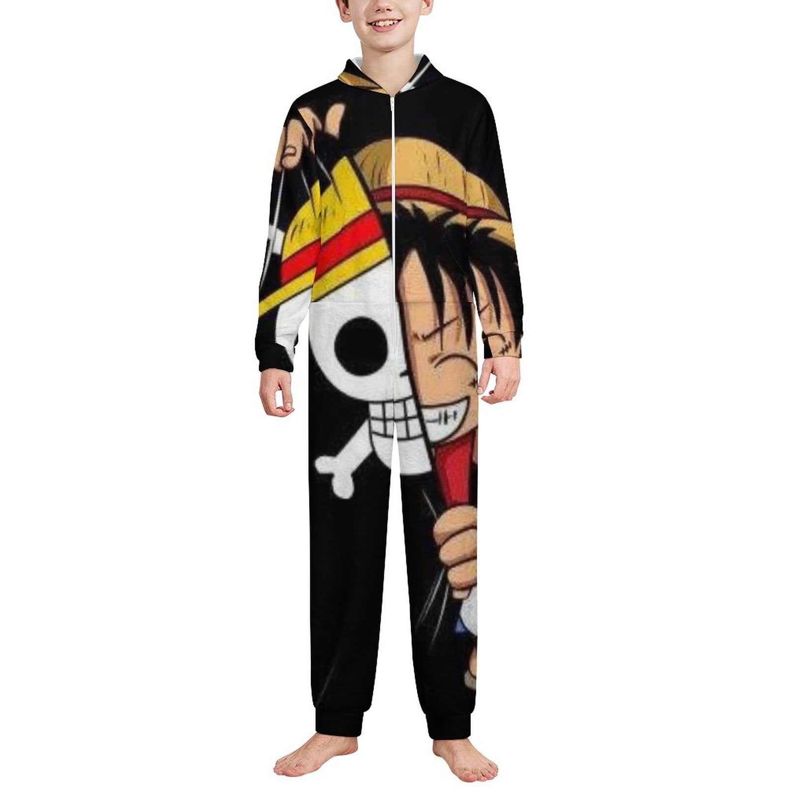One Piece Luffy Children's hooded one-piece zip-up pajamas 10-11Y ...