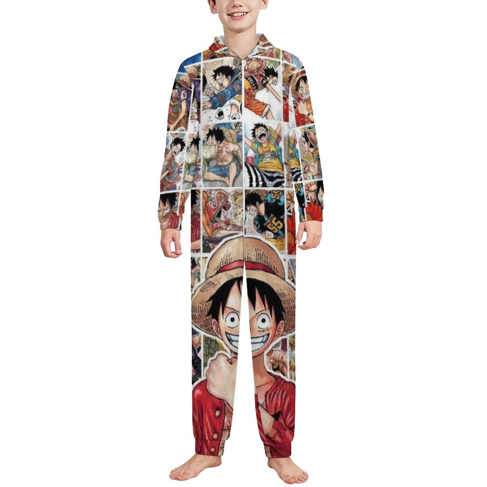One Piece Luffy Children's hooded one-piece zip-up pajamas 12-13Y ...