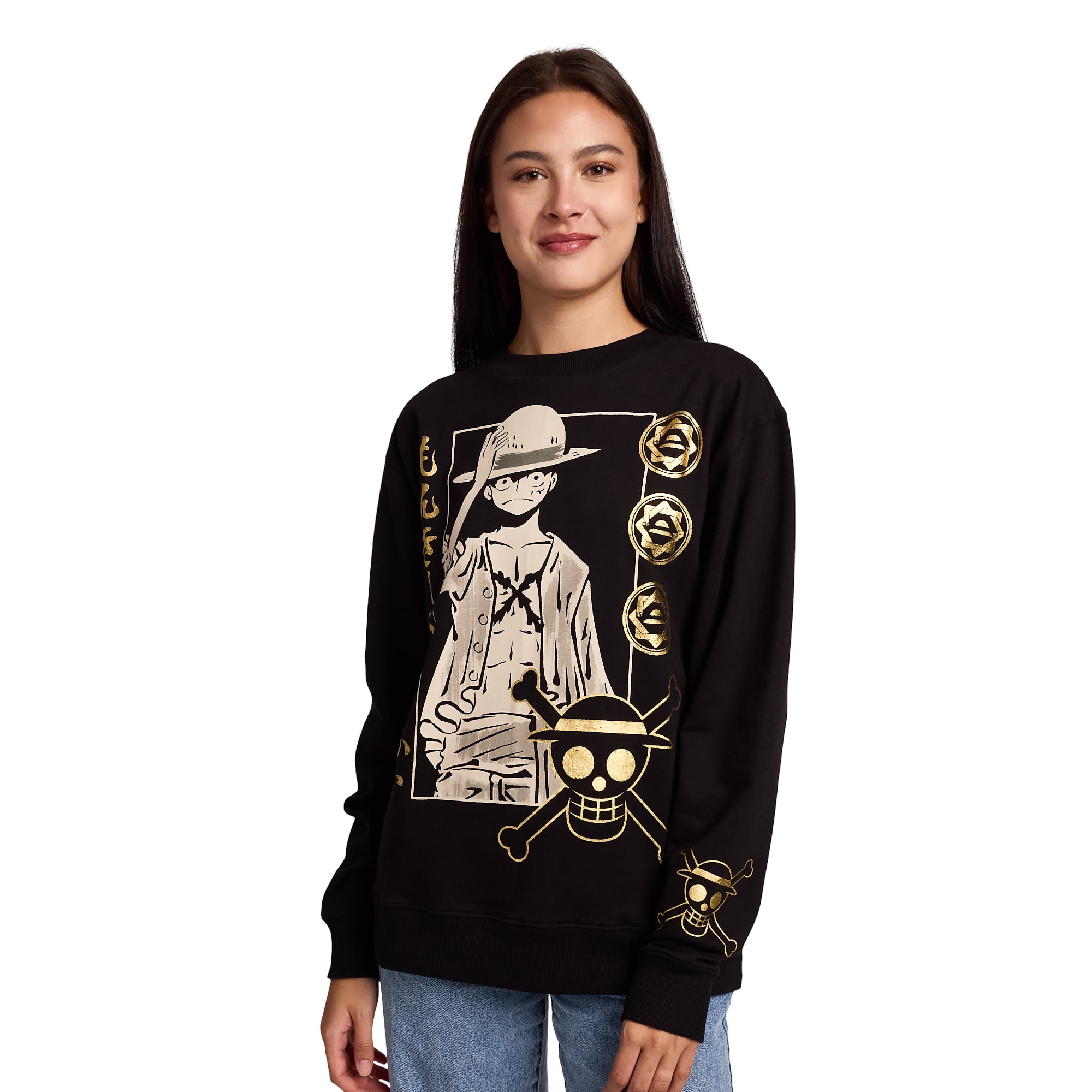 One Piece Luffy Icons Gold Foil Print Women's Black Crew Neck Long ...