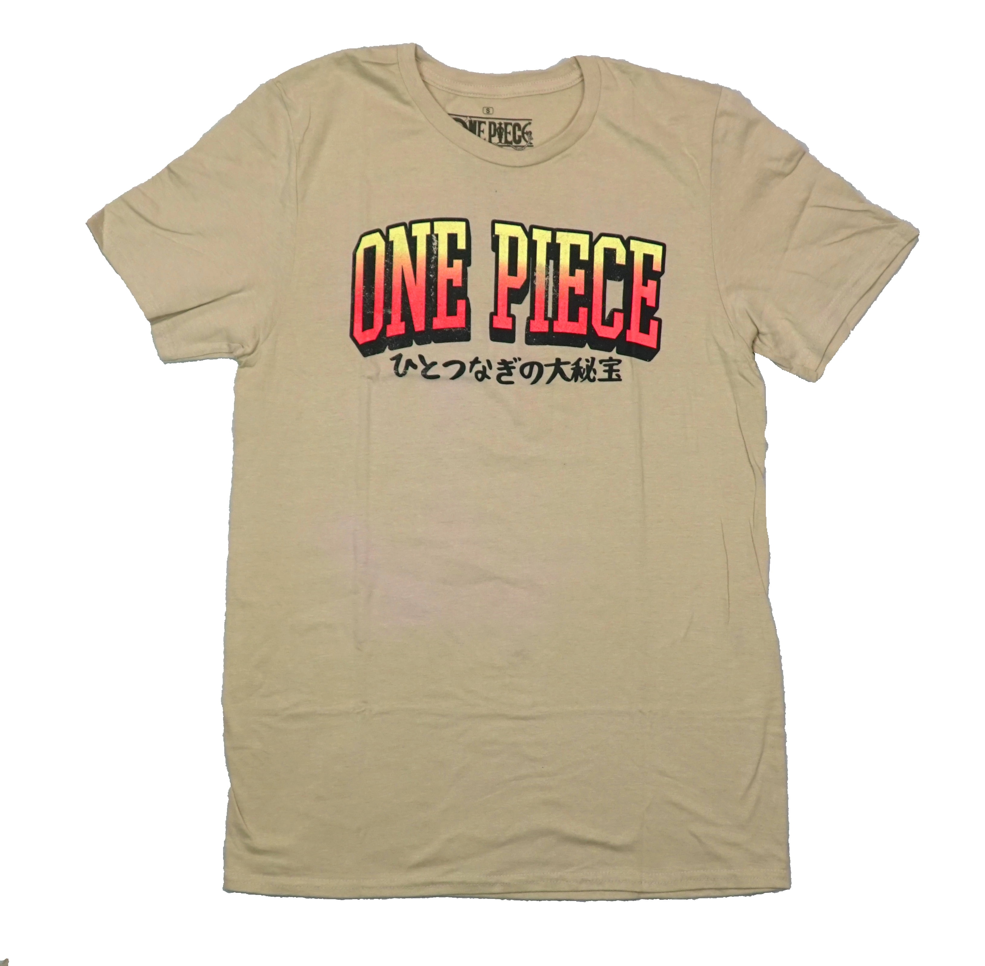 One Piece Mens T-Shirt - Kanji Logo Front Luffy Sitting Peace Sign Back ...