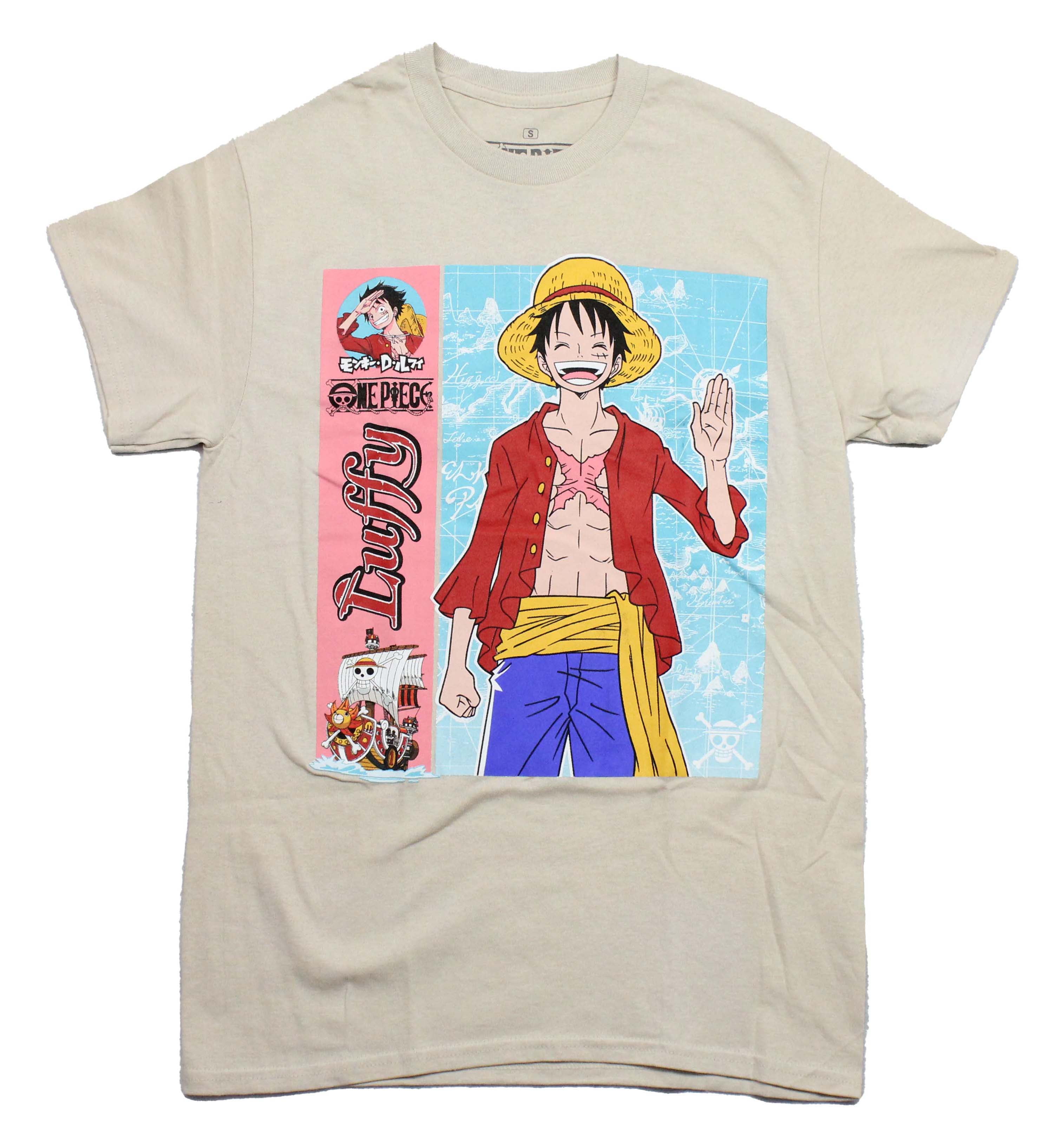 One Piece Mens T-Shirt - Luffy Waving Standing in Front of Map (Medium ...