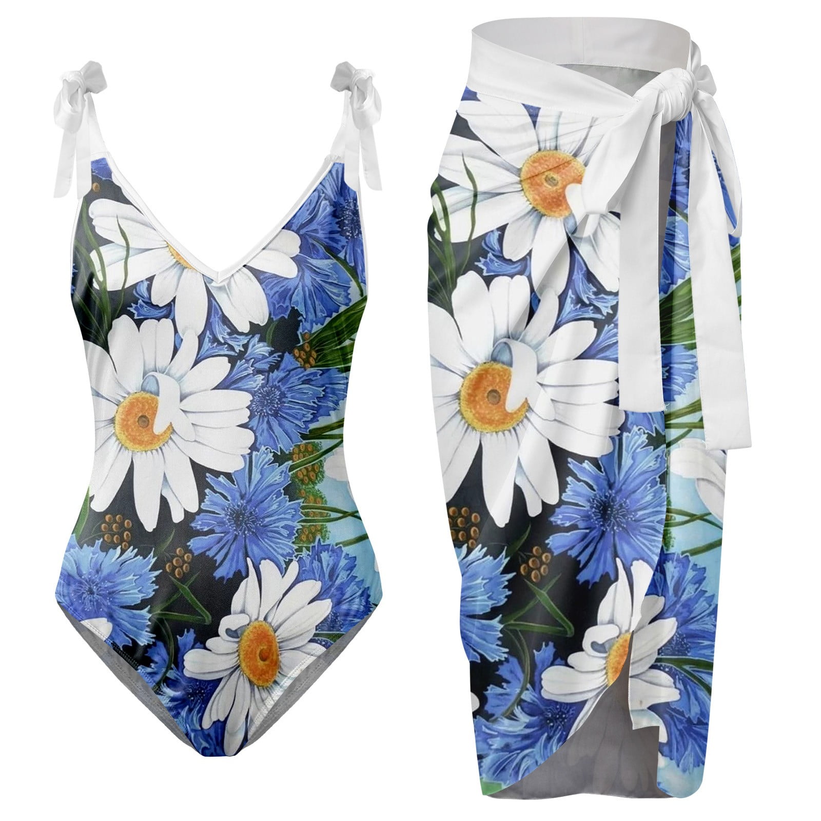 One Piece Monokini For Women Stylish Flower Printed V Neck Skirt Sets