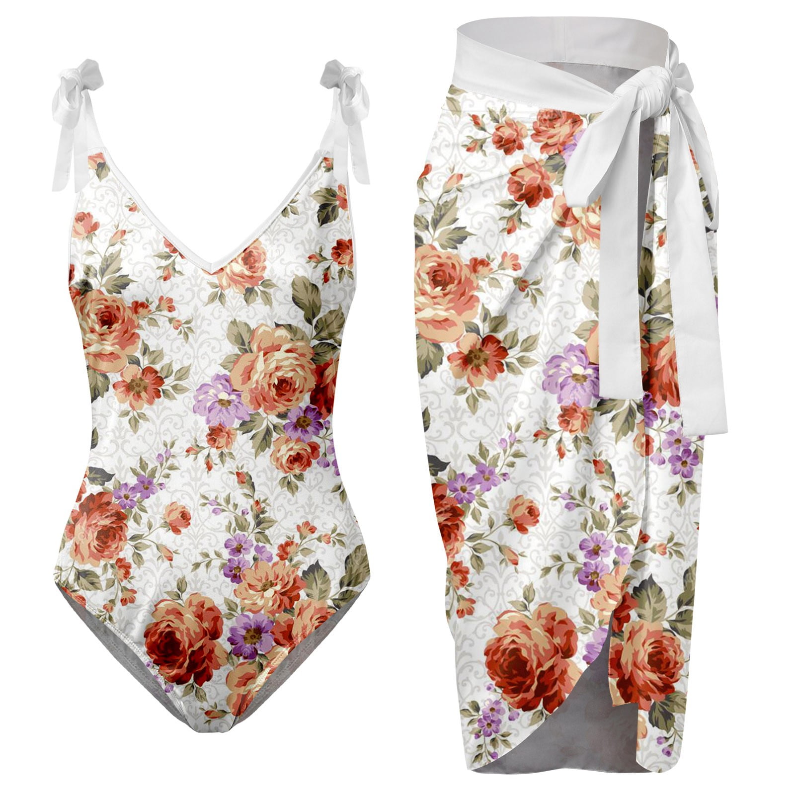 One Piece Monokini For Women Stylish Flower Printed V Neck Skirt Sets