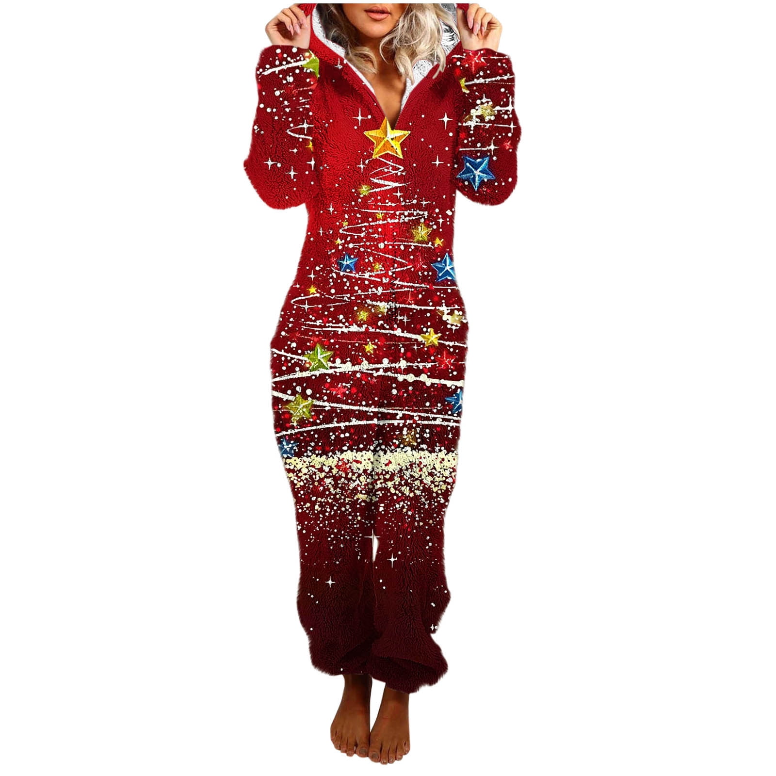 One Piece Pajamas Women Fuzzy Warm Sherpa Hooded Jumpsuit Printed ...