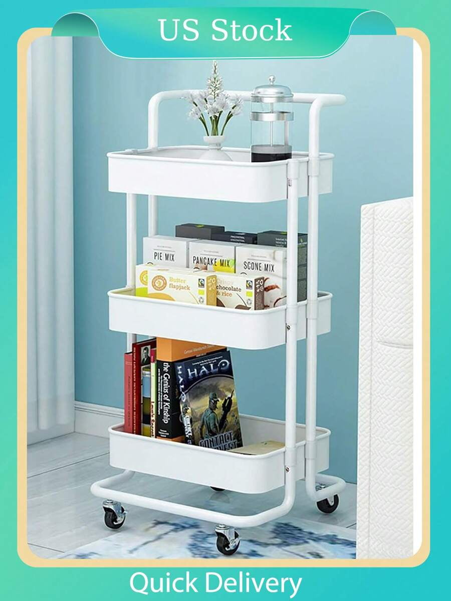 One-Piece Storage Trolley Cart- 3 Tier Rolling Utility Organizer Rack ...