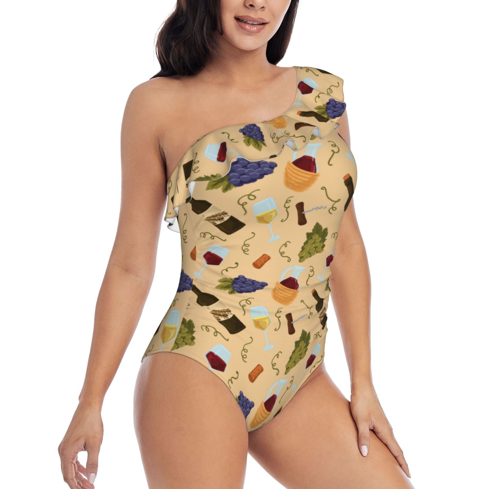 One Piece Swim Suits for Women 2024 - Wine Bottle Print No.9042 Ruffle Bathing Suit for Women ...